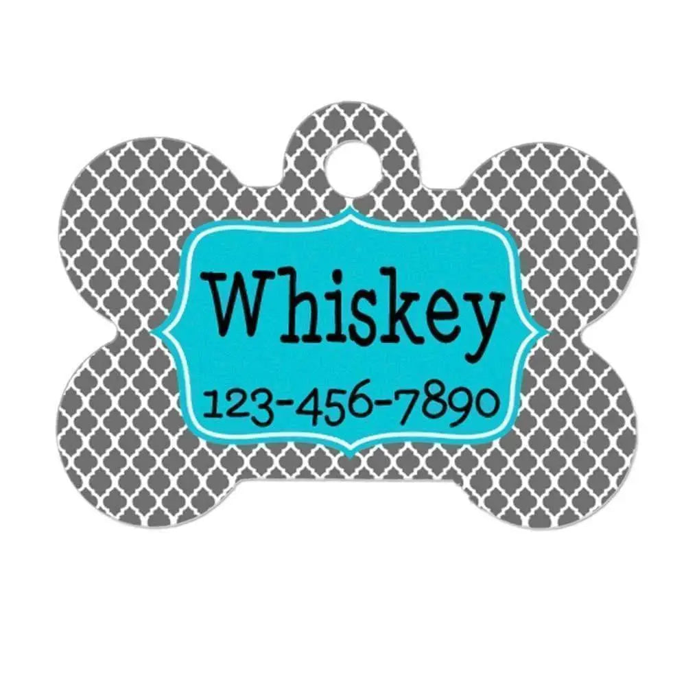 Quatrefoil Dog Name Tag - Dog Collar Name Tag - Turquoise | Joyful Moose